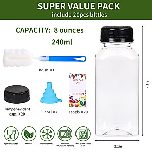 SUPERLELE 20pcs 8oz Empty Plastic Juice Bottles with Caps, Reusable Water Bottle, Clear Bulk Drink Containers with Black Tamper Evident Lids for Juicing, Smoothie, Drinking and Other Beverages