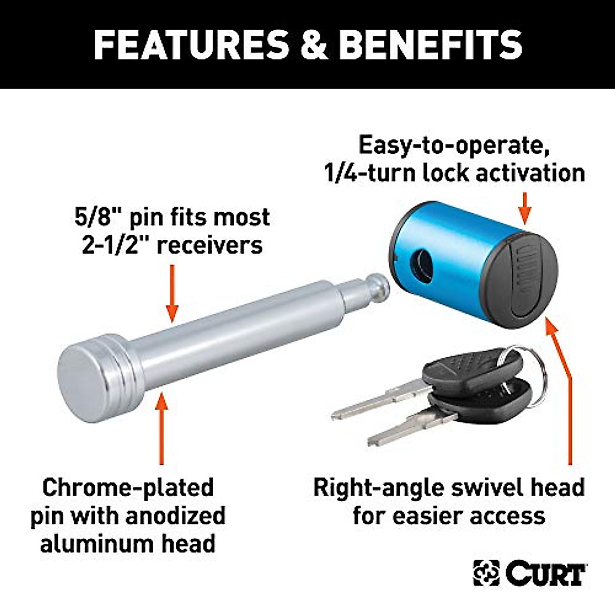 CURT 23504 Right-Angle Trailer Hitch Lock, 5/8-Inch Pin Diameter, Fits 2 or 2-1/2-Inch Receiver