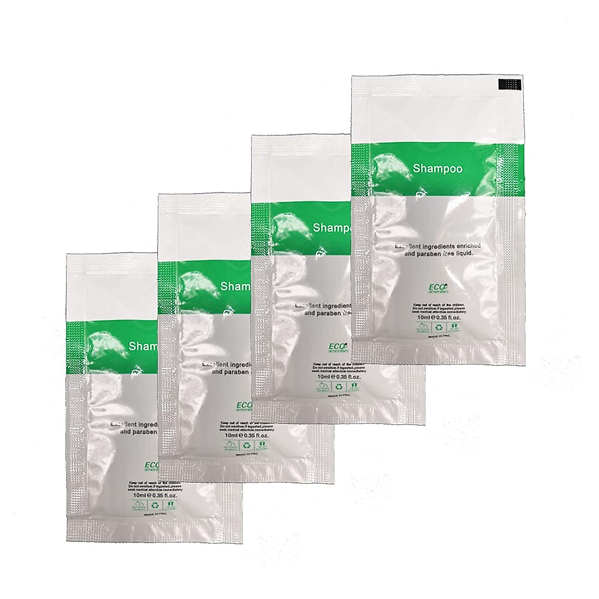 ECO amenities Hotel Mini Shampoo Sachets for Guests - Refreshing Green Tea Scented Toiletries for AirBnB & Rentals - 0.35 fl oz (10ml), 100 Pack