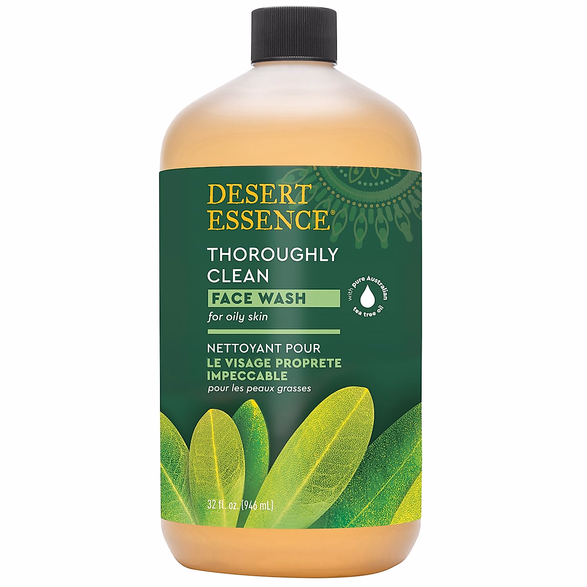Desert Essence Thoroughly Clean Face Wash with Tea Tree Oil, Castile Soap and Coconut Oil - Organic Facial Cleanser for Sensitive and Oily Skin, Vegan & Cruelty-Free, 32 fl oz