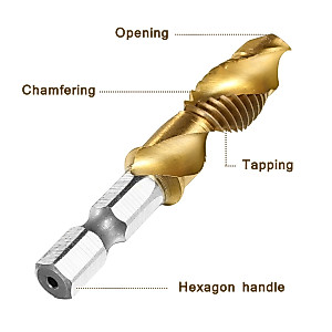 6 Pcs Spiral Tap Drill Bit Set Titanium Coated HSS Fluted Machine Screw Tap Kit, Hex Shank Combination Drill Tap Bit Spiral Screw Tap Set M3-M10, (1 Pack 6 Pcs Silver)