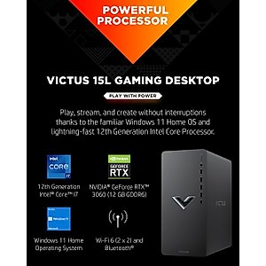 HP Victus 15L Gaming Desktop Computer, NVIDIA GeForce RTX 3060 Graphics Card, 12th Gen Intel Core Processor, 16 GB SDRAM, 512GB SSD, Windows11 Home OS, QuickDrop, Wi-Fi & Bluetooth (TG02-0040,2022)