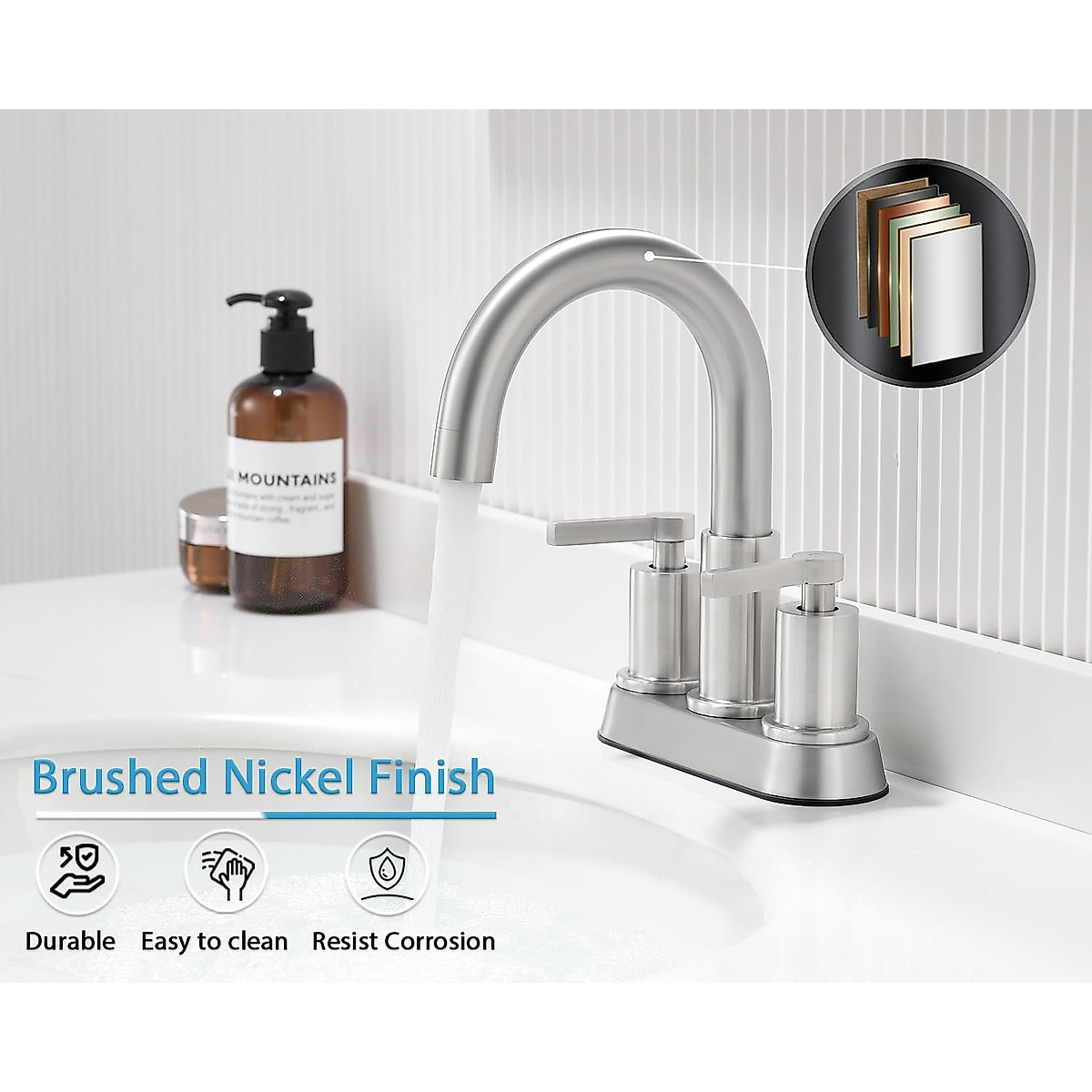 RAINMAX Bathroom Faucets, Brushed Nickel Bathroom Sink Faucet,3 Hole Bathroom Faucet,2-Handle RV Lavatory Vanity Faucet with Pop Up Drain and Supply Lines KMBF004L-1