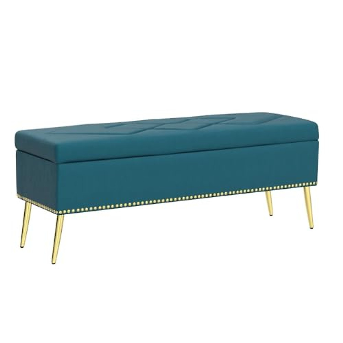 MOJAY Modern Velvet Storage Ottoman Bench, Upholstered Footrest with Rivet Decoration Table Dining Stool with Golden Legs for Entryway Dining Room Living Room Bedroom (Dark Green)