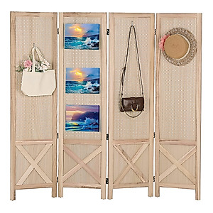 Wnutrees 4 Panel Pegboard Display, 5 Ft Wood Folding Privacy Screens Room Divider, Portable Freestanding Display Board for Craft/Art Shows, Retail, Events, Wall Organizer, Rustic Barnwood, Natural
