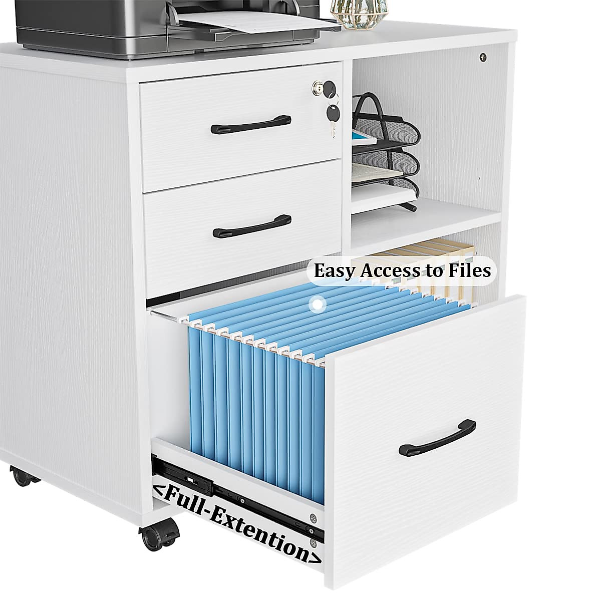 3 Drawer Office File Cabinets, Mobile Lateral Printer Stand with Open Storage Shelf, Rolling Filing Cabinet with Wheels Home Office Organization and Storage (White)