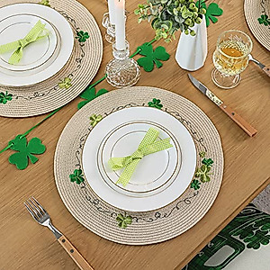 Feuille Round St Patricks Day Placemats Set of 4 PP Shamrock Placemats for Dining Table St Patrick Table Mats Green Embroidery Perfect for St Patricks Day Decorations