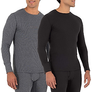 Fruit of the Loom Men's Recycled Waffle Thermal Underwear Crew Top (1 and 2 Packs), Black/Greystone Heather, Large