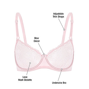 Wingslove Women's Sexy 1/2 Cup Lace Bra Balconette Mesh Underwired Demi Shelf Bra Unlined See Through Bralette (Light Pink, 36A)