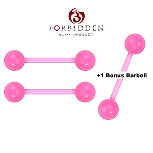 Forbidden Body Jewelry Nipple Rings, Tongue Rings, Nipple Piercing Jewelry, Nipple Jewelry, Pink Flexible Acrylic Barbell Set 14G 16mm (5/8 Inch), 3 Pack