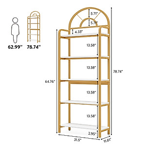 LITTLE TREE 5 Tier Bookcases Arched Bookshelf, Freestanding Tall Display Shelves, Heavy Duty Metal Frame Decorative Shelf for Living Room Bedroom Study Room, White Gold