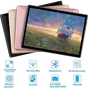 AOYODKG TAB-A22 10 Inch Tablet with Keyboard, Android 10, Octa-core Processor, 64GB Storage, 4GB RAM, 256GB Expandable, WiFi, GPS, 1920x1200 HD Display, Gold