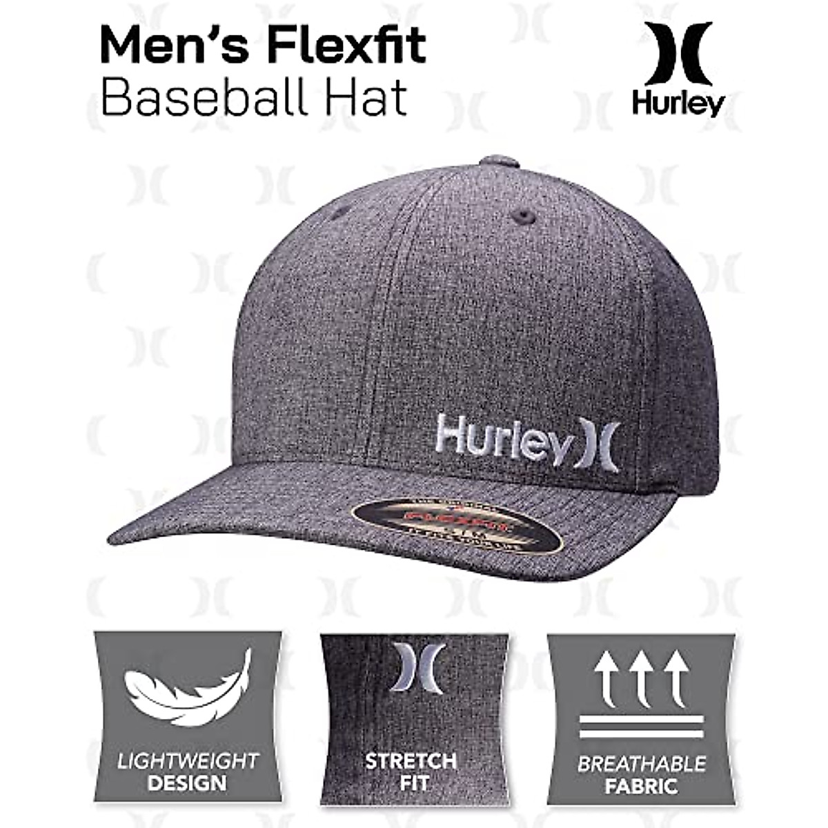 Hurley Men's Caps - Flexfit Curve Bill Baseball Cap - Summer Hats for Men (S-XL), Size Large-X-Large, Light Grey