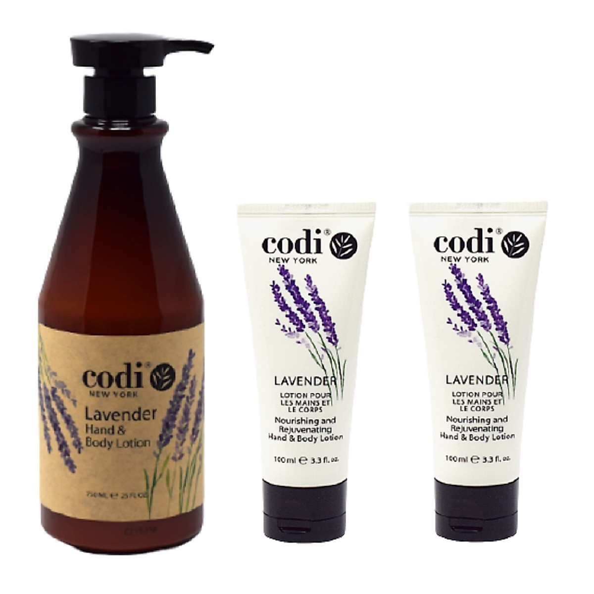 CODi Lavender Lotion - Lavender Body and Hand Lotion for Women and Men - Lavender Body Lotion with True English Lavender Scent - Less Greasy and Quick Absorbent - 1 750ml Bottle and 2 100ml Tubes