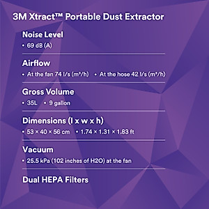 3M Xtract Portable Dust Extractor, 64256, 9 Gallon/35 Liter, Industrial Vacuum with Automatic Filter Clean Without Flow Stoppage, HEPA Filter, Compatibility with Pneumatic and Electric Sanders , Black