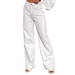 LONGBIDA Baggy Jeans for Women High Waisted Stretch Wide Leg Straight Denim Jeans(White,XL)