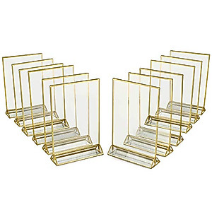 SUPER STAR QUALITY Clear Acrylic 2 Sided Frames with Gold Borders and Vertical Stand (Pack of 12)) | Ideal for Wedding Table Number Holder, Double Sided Sign, Clear Photos, Menu Holders