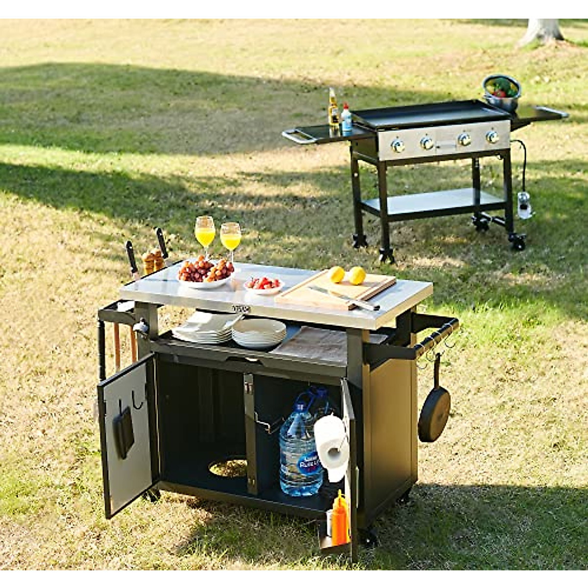 NUUK Pro 42-Inch Rolling Outdoor Kitchen Island and BBQ Serving Cart, with Heavy Duty Wooden Cutting Board and Propane Tank Holder
