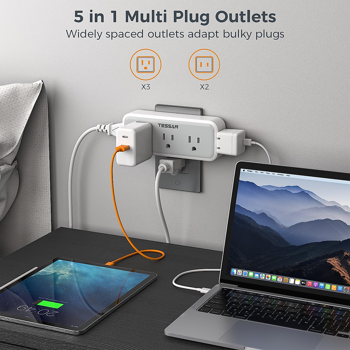 Multi Plug Outlet Extender, TESSAN Surge Protector Wall Plug Splitter with 5 Electrical Outlet Expander, Multiple Plug Adapter for Travel Home Office,2 Pack
