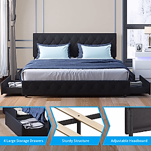 Mjkone King Bed Frame with 4 Storage Drawers, PU Leather King Size Upholstered Platform Bed Frame with Adjustable Headboard, No Box Spring Needed/Easy Assembly/No Mattress (King, Black)