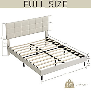 MWrouqfur Full Size Platform Bed Frame with Fabric Upholstered Headboard and Wooden Slats, No Box Spring Needed/Easy Assembly, Beige