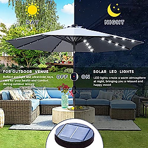 JMEXSUSS 9ft Patio Umbrella with Solar Lights, 32 LED Lighted Umbrella Outdoor Patio Table Umbrella, 8 Ribs Market Umbrella w/Tilt Adjustment and UV-Resistant Fabric, Grey