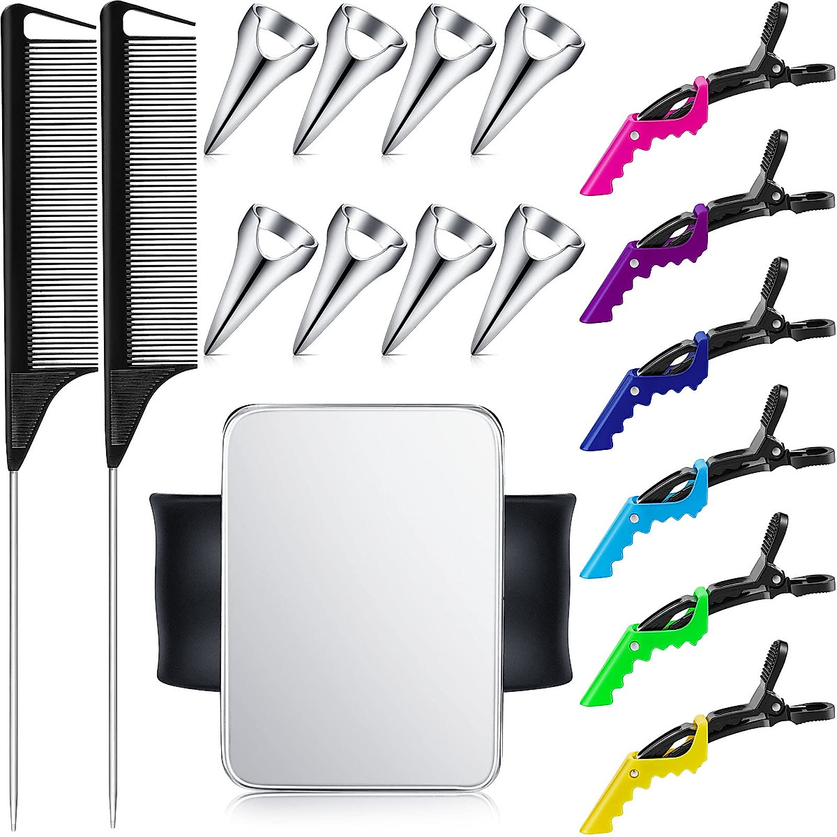 8 Pieces Hair Sectioning and Braiding Set - 6 Styling Clips, 2 Rat Tail Combs, Ring, and Magnetic Wristband Holder (Black)