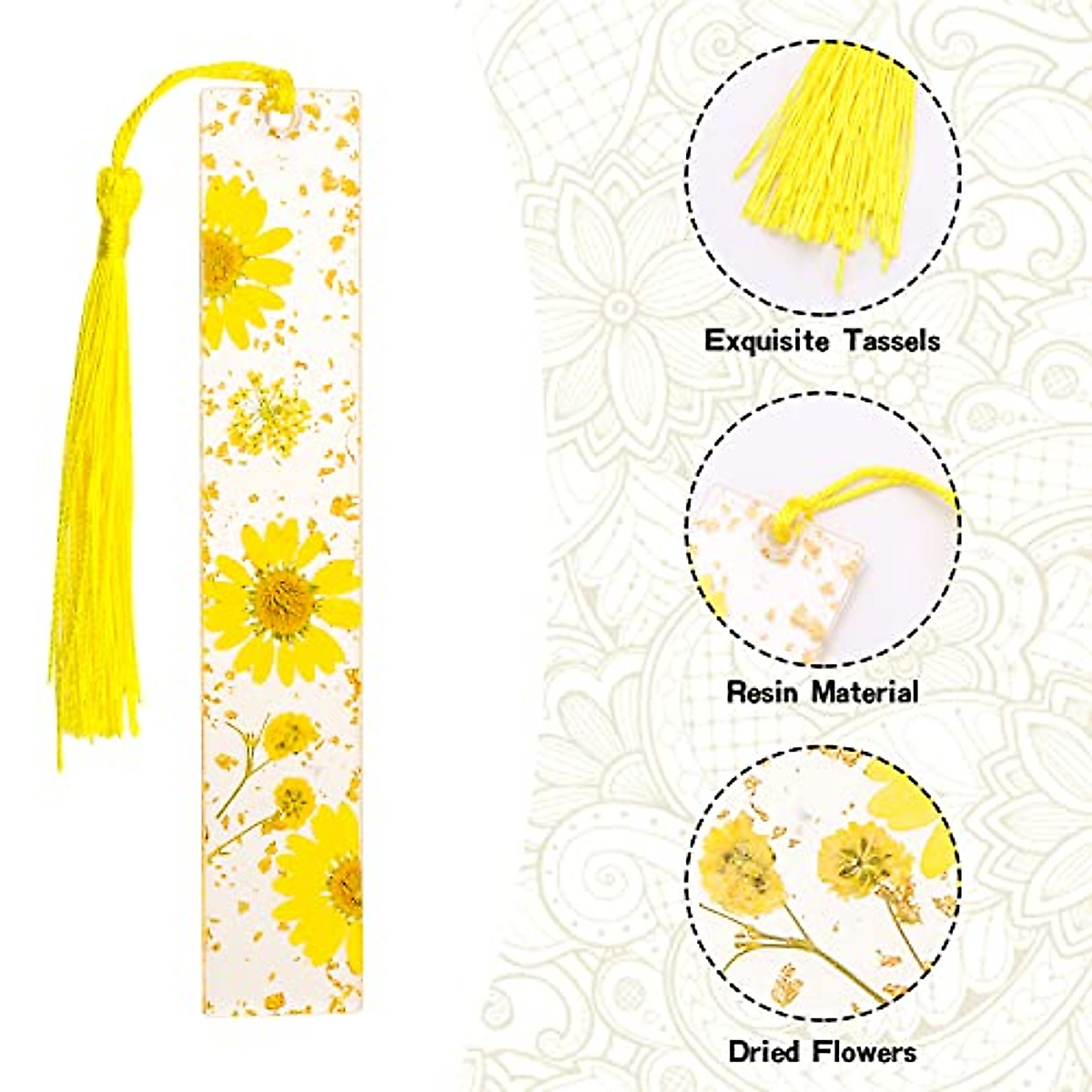 BENBO 2PCS Flower Acrylic Bookmarks, Resin Dried Flower Book Page Holder Handmade Floral Bookmarks with Colorful Tassels Transparent Thumb Ring Page Holder for Reading Students Teachers (B)