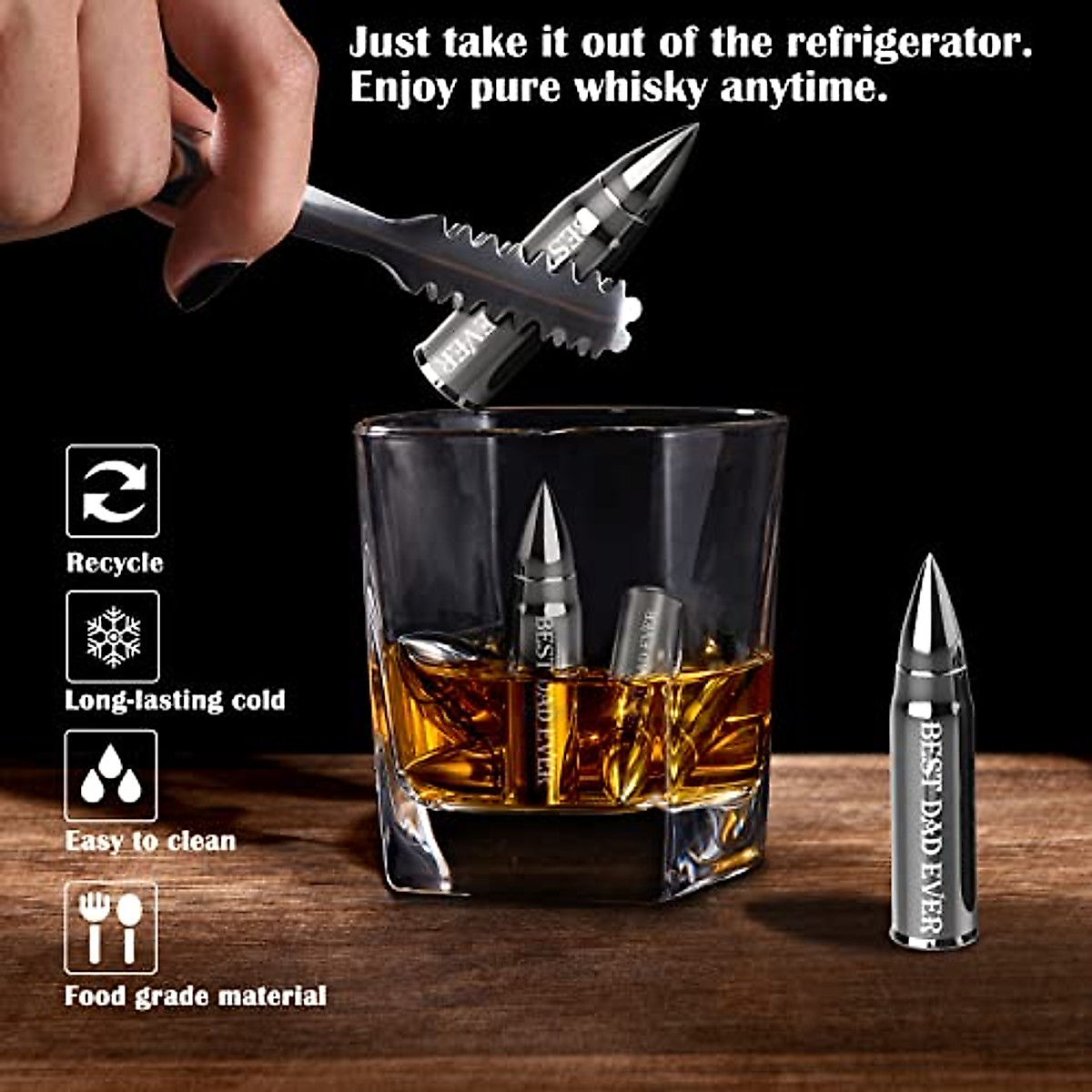 Gifts for Men Dad, 6 pcs Golden Whiskey Stones & 6 pcs Silver Whiskey Stones & 6 pcs Best Dad Ever Whiskey Stones, Christmas Stocking Stuffers, Unique Birthday Gift Ideas for Dad from Wife