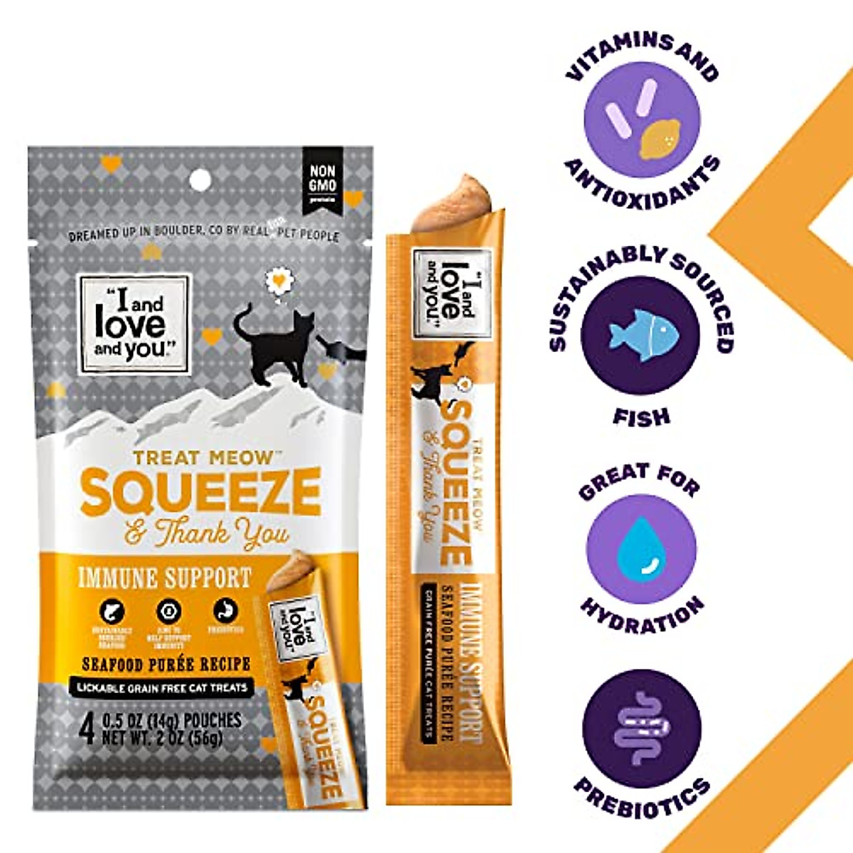 I AND LOVE AND YOU Treat Meow Lickable Cat Treats - Seafood Puree - Immune Support, Squeeze Treat, 0.5oz, 4ct