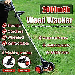 Weed Wacker,Electric Weed Eater,3-in-1 Cordless Weed Eater,Wheeled Lawn Edger,Telescopic and Folding Handle Weed Wacker Battery Powered,90° Head Adjustable Edger Lawn Tool for Yard,Garden (Black)