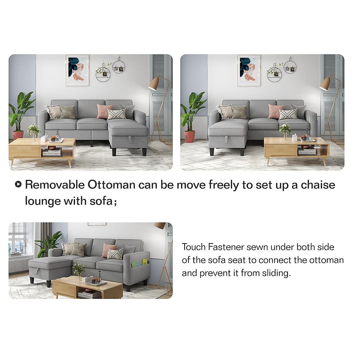 Woyomeub Sectional Couches for Living Room: L Shaped Couch with Storage Ottoman - Gray Sofa 3 Seater Furniture Set Modern Linen Fabric Futon Sleeper Sofas for Apartment Studio Small Space