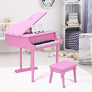 Goplus 30-Key Classical Kids Piano, Mini Grand Piano Wooden Learn-to-Play Musical Instrument Toy with Bench, Piano Lid, Music Rack, Gift for Boys Girls Aged 2+ Baby Toddler (3 Straight Leg-Pink)