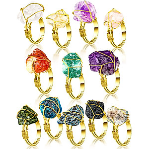 Sureio 12 Pieces Chakra Crystal Ring Healing Crystal Adjustable Gemstone Irregular Stone Rings for Women and Girls Colorful Gem Copper Wire Wrap Ring for Women, Gold Ring