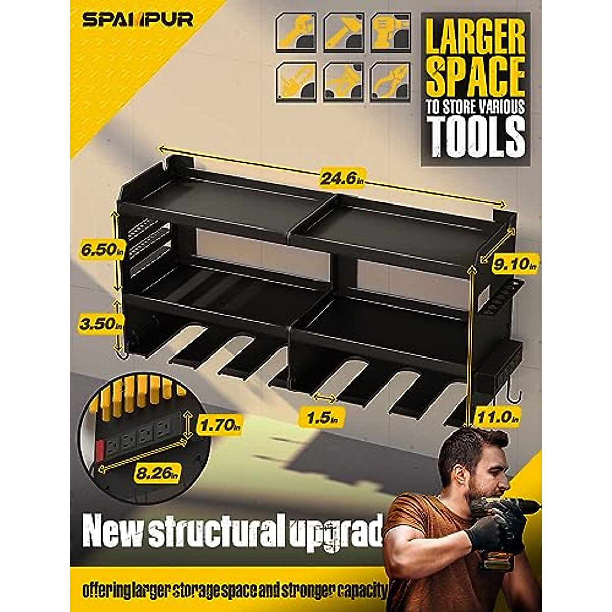 Power Tool Organizer Wall Mount with Charging Station, Garage Tool Shelf 6 Drill Holders, Tool Battery Holder with Screwdriver Heavy Duty Rack, Tool Storage Rack with 4 Outlet Power Strip