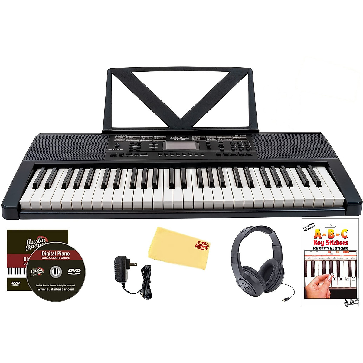 Vault KT-54 Keytone 54-Key Keyboard Black Bundle with Headphones, Keyboard Stickers, Austin Bazaar Instructional DVD and Polishing Cloth