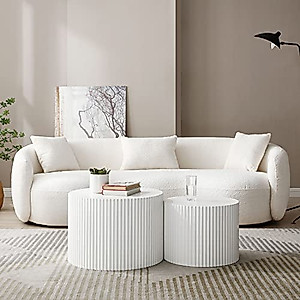 kevinplus White Round Nesting Coffee Table Set of 2 Modern Drum Side Table End Table for Living Room, Wood Circle Embossed Design Coffee Table Contemporary Living Room Table Set, Matte White