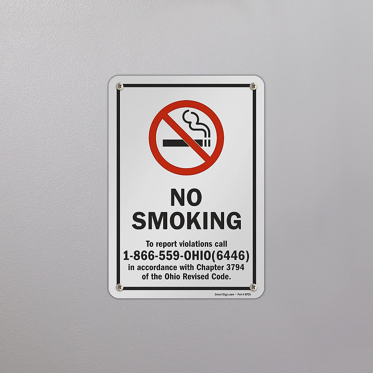 SmartSign 10 x 7 inch “No Smoking - to Report Violations Call 1-866-559-Ohio(6446) in Accordance with Chapter 3794” Ohio State Sign, Digital Printing, 55 mil HDPE Plastic, Red, Black and White