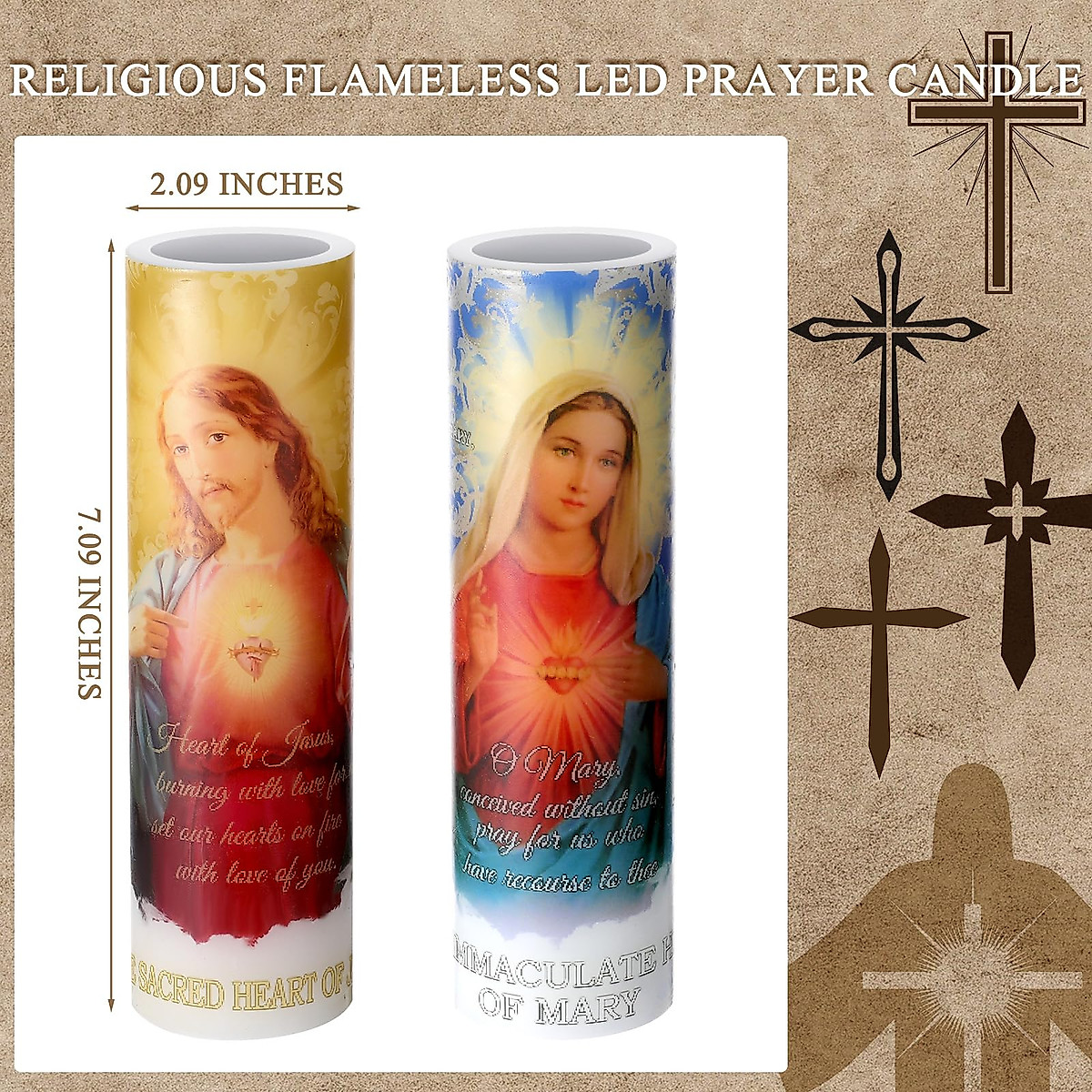 Landhoow 2 Pcs Religious Flameless LED Prayer Candle Real Wax Baptism Candle Set Immaculate Heart of Mary and Sacred Heart of Jesus Battery Operated Candles with Remote Control