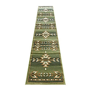 EMMA + OLIVER Reno 2x11 Olefin Accent Rug with Southwestern Geometric Arrow Design in Green, Black, Beige & Ivory and Natural Jute Backing