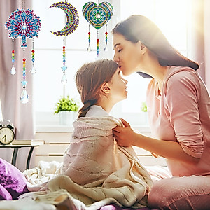 3 Pieces Diamond Painting Suncatcher Wind Chime Cross Sun Star Moon Heart Mandala Double Sided Crystal Gem Paint by Number Diamond Painting Hanging Ornament for Home Garden (Moon, Heart, Mandala)
