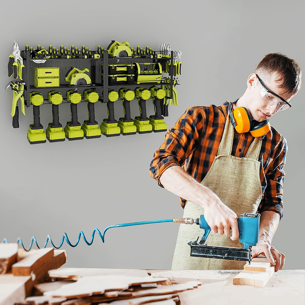 Power Tool Organizer,8 Power Drill Holder Wall Mount,3 Layers Power Tool Storage Rack Shelf with Hooks,Heavy Duty Metal Cordless Powertool Shelf for Garage Organization with Screwdriver/Plier/Hammer