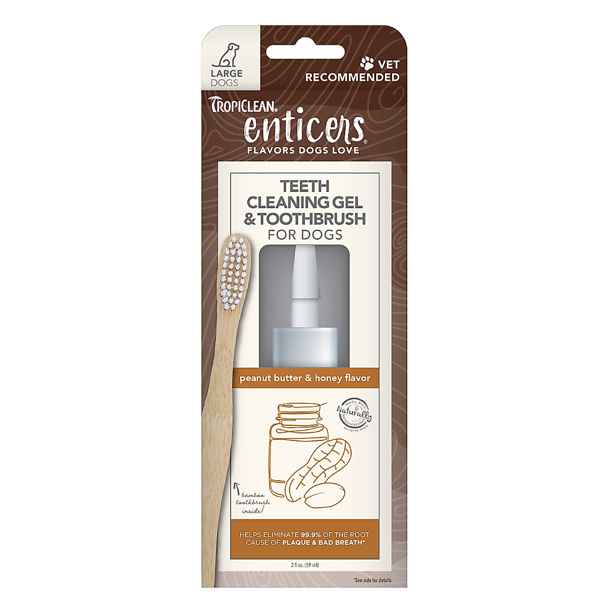 TropiClean Enticers Teeth Cleaning Gel & Toothbrush for Large Dogs | Peanut Butter & Honey Flavor | Bamboo Brush Speeds Up Plaque Removal | Gel Helps Fight Bad Breath | 2 oz