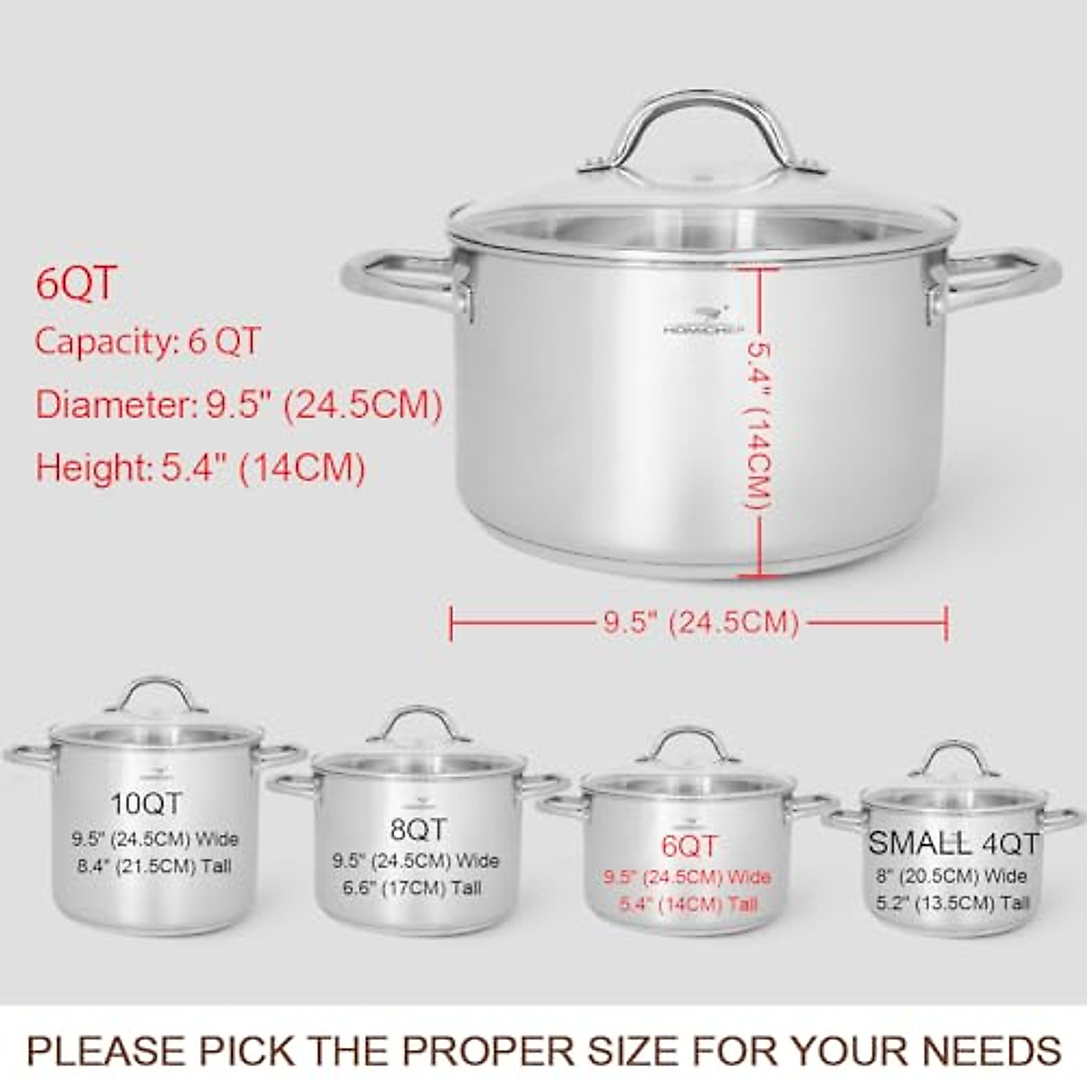 HOMICHEF Stock Pot 6 Quart Nickel Free Stainless Steel - 6 Quart Pot With Lid and Handle - 6Qt Saucepan With Lid - Soup Pot Small Cooking Pot 6 Quart - 6 Qt Pot With Glass Lid - Induction Pot With Lid