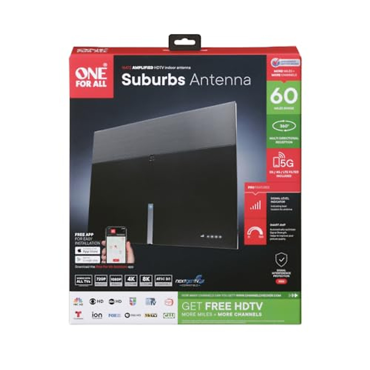One for All 16472 HDTV 1080p Amplified Indoor TV Antenna 50 Mile Range with Multi Directional Reception, 8 Feet Coaxial Cable & Signal Level Indicator - Black