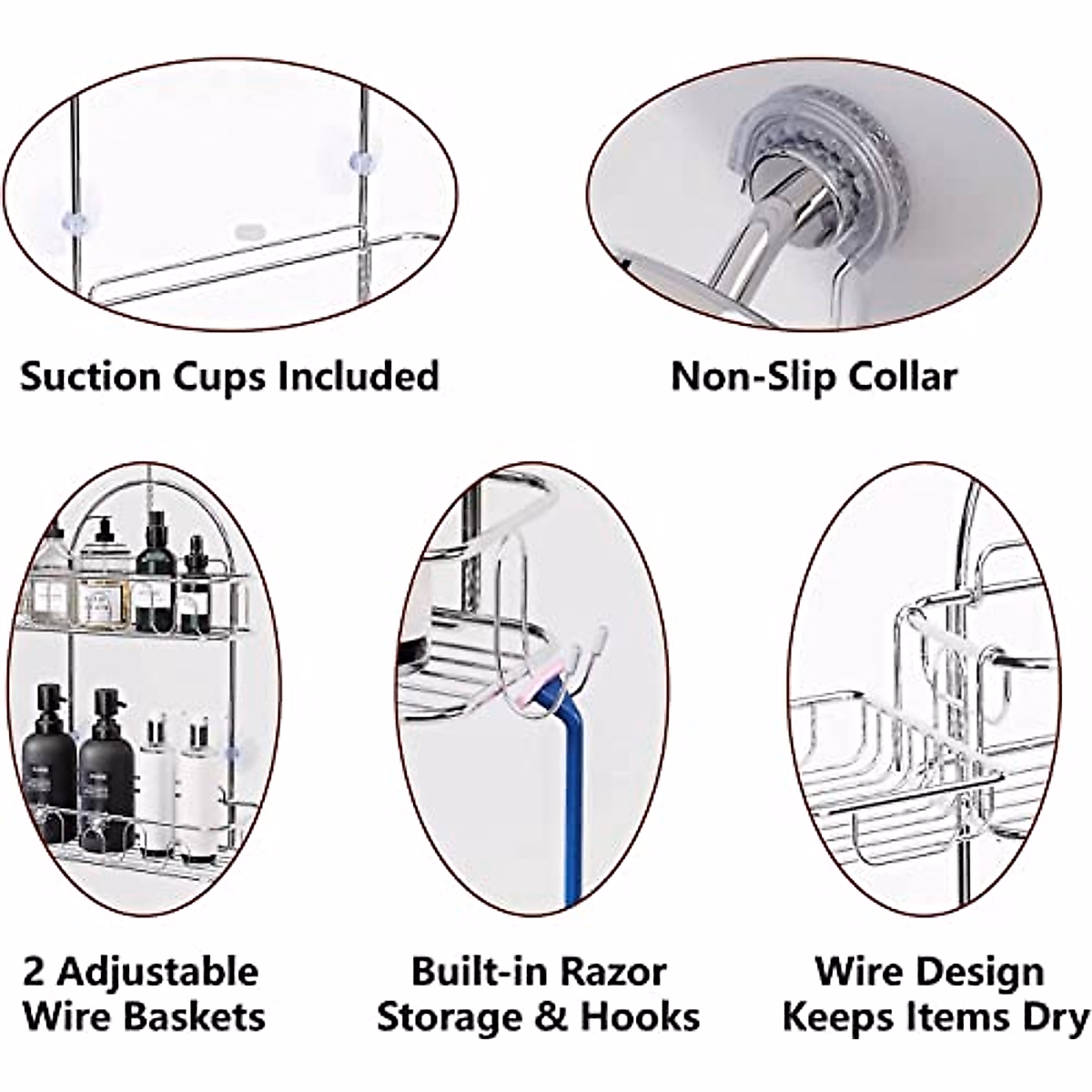 Neahom Hanging Shower Caddy Over Shower Head for Bathroom Silver, Stainless Steel Soap Holder & Razor Holder & Hooks, Hanging Shower Shelf Organizer, Storage Rack, Rustproof, Anti-Swing