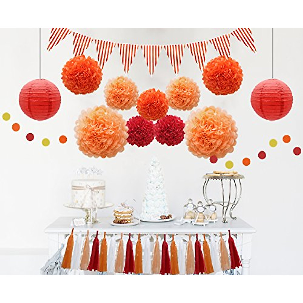33pcs Party Decorations Supplies Set, Paper Lanterns Tissue Pom Poms Flowers Tassels Hanging Garland Banner Triangle Flag Bunting for Birthday, Baby Shower, Wedding Graduation Events (Orange, Red)