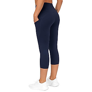 THE GYM PEOPLE Thick High Waist Capris Yoga Pants with Pockets, Tummy Control Workout Running Yoga Leggings for Women Navy Blue