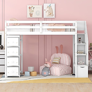 MERITLINE Twin Size Loft Bed with Stairs and Storage,Wooden Twin Loft Bed with 4 Drawers and Shelves, Kids Loft Bed Twin for Girls Boys Bedroom, Dorm(Twin,White)