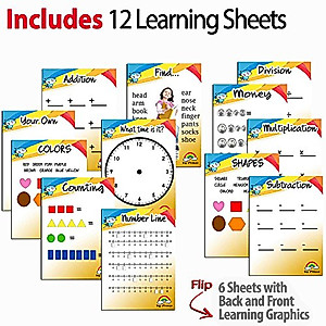 iPrimio Dry Erase Learning Sheets (20 Pack) - Includes 12 Learning Sheets - Multicolored Pockets - Wipes Clean - Fits 9" by 12" Paper in Pocket